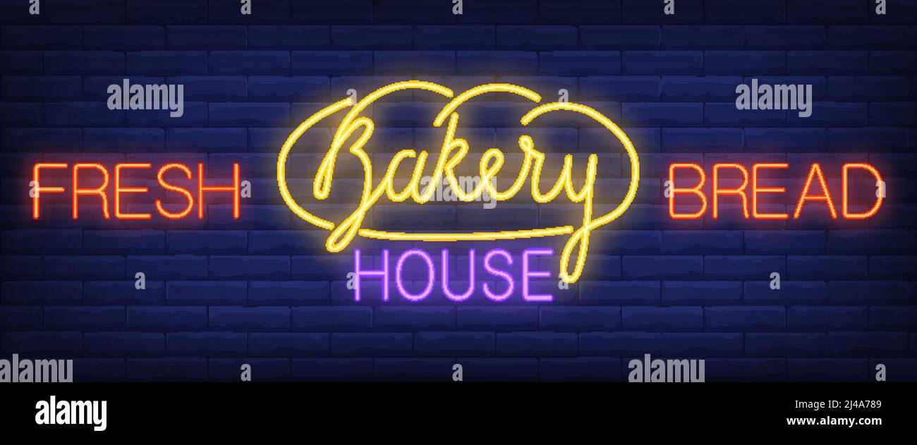 Fresh bread, bakery house neon text. Bakery shop and pastry concept ...
