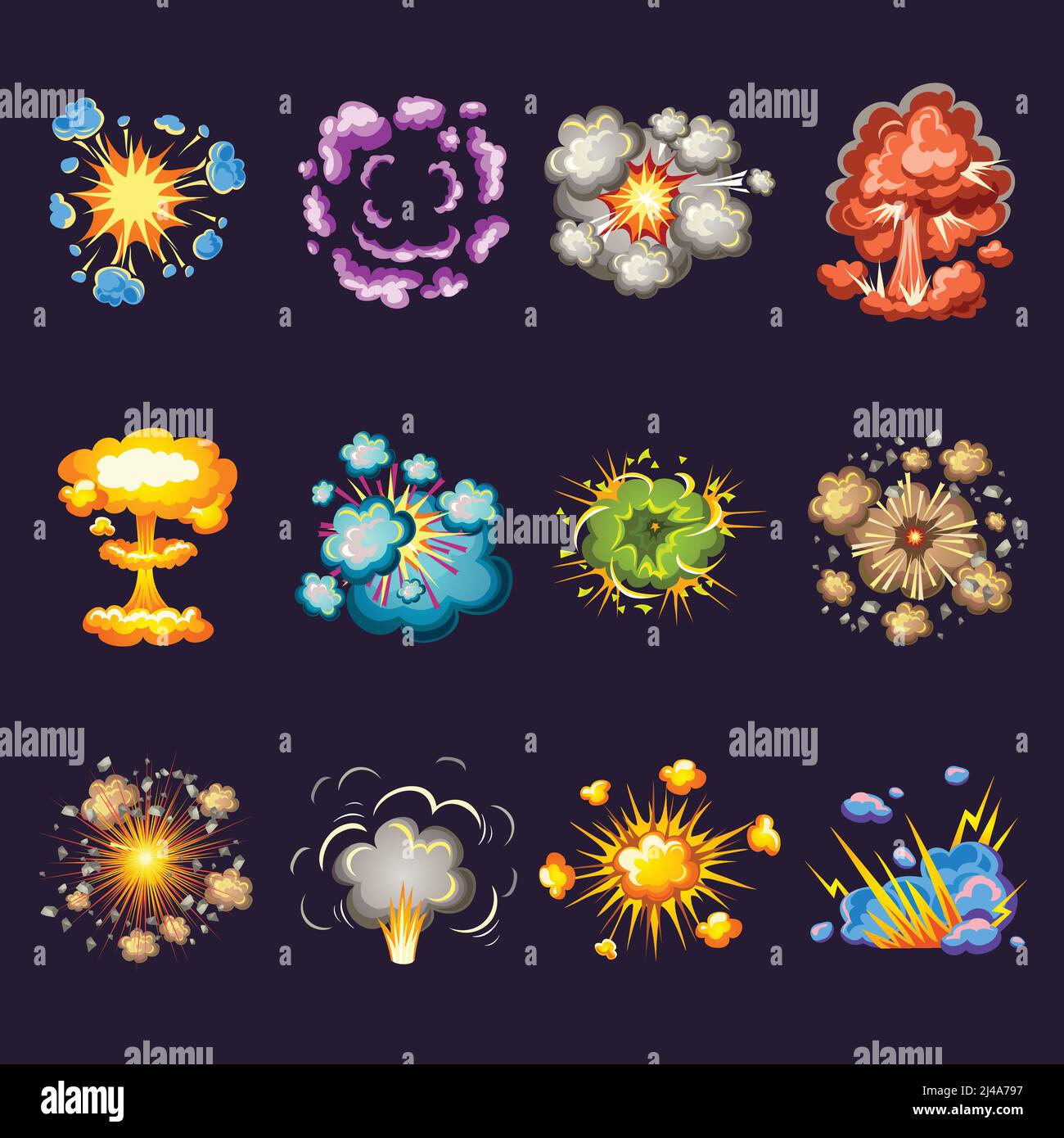 Comic explosions decorative icons set with blast waves circles of smoke ...