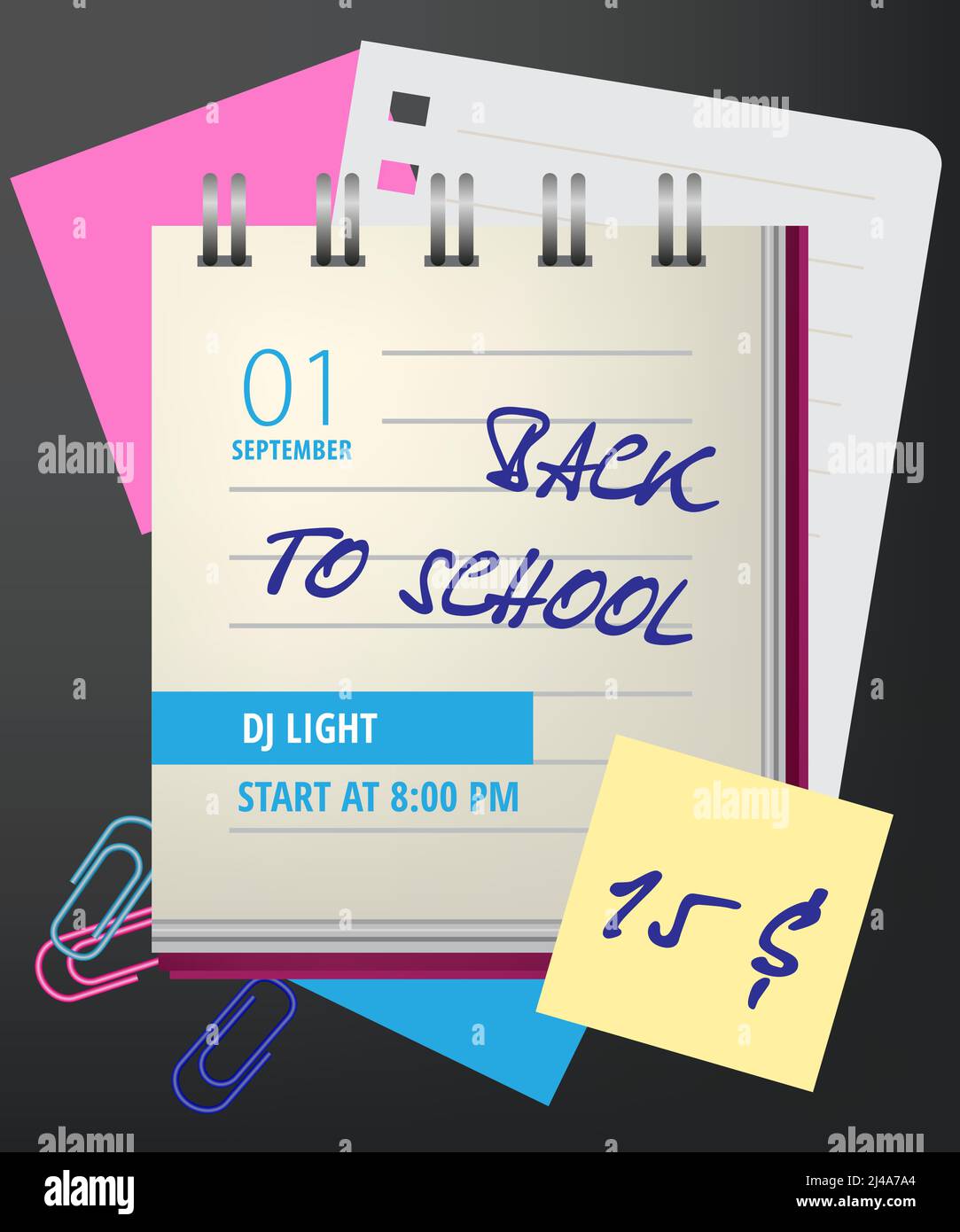 Back to school lettering with notebook and paper clips. Invitation ...