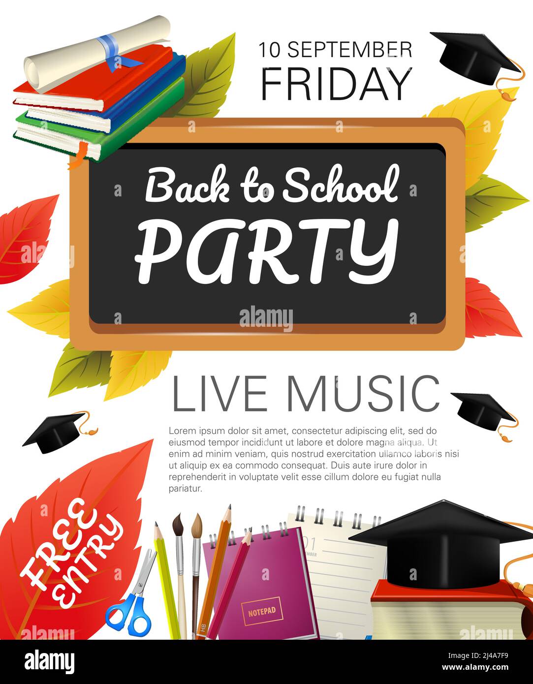 Back to school party flyer design with fall foliage, graduation caps ...