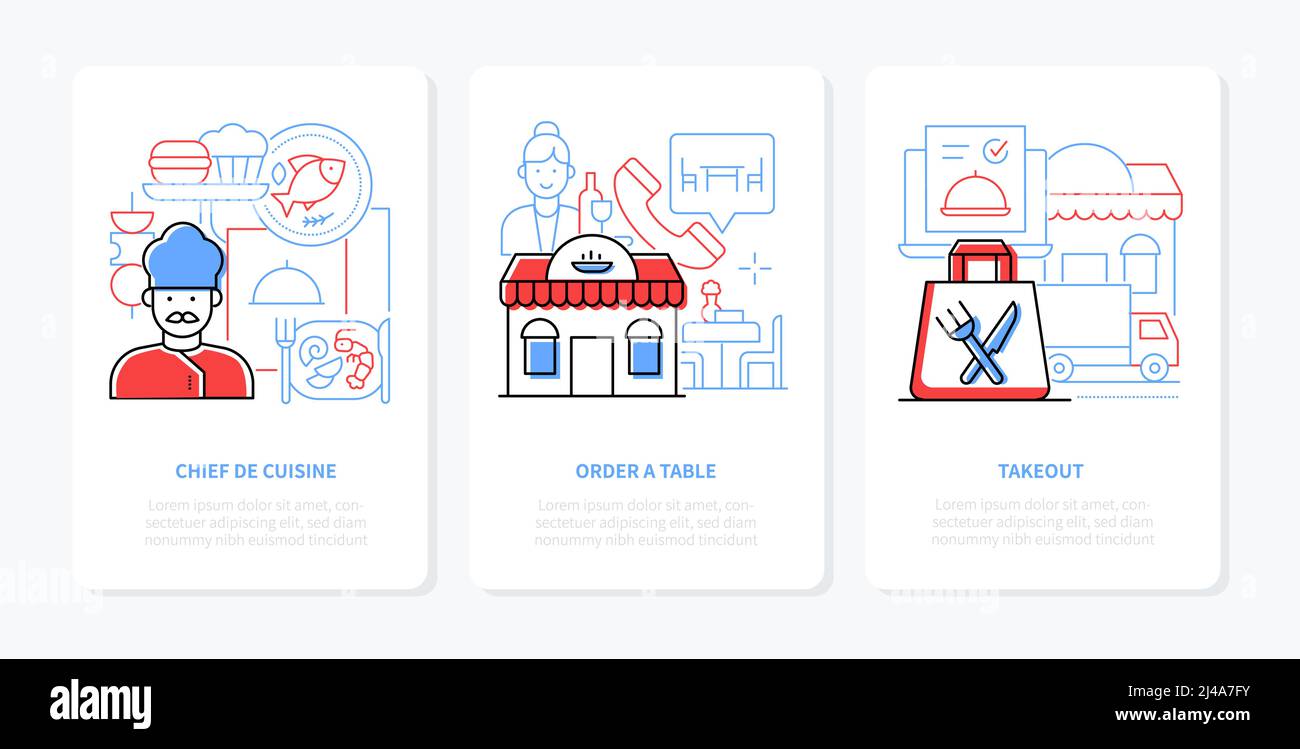 Food in restaurants and cafes - line design style banners set Stock ...