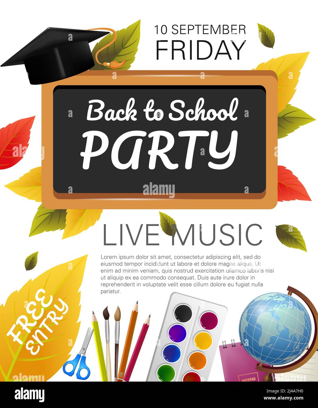 Back to school party flyer design with graduation cap, fall foliage and ...