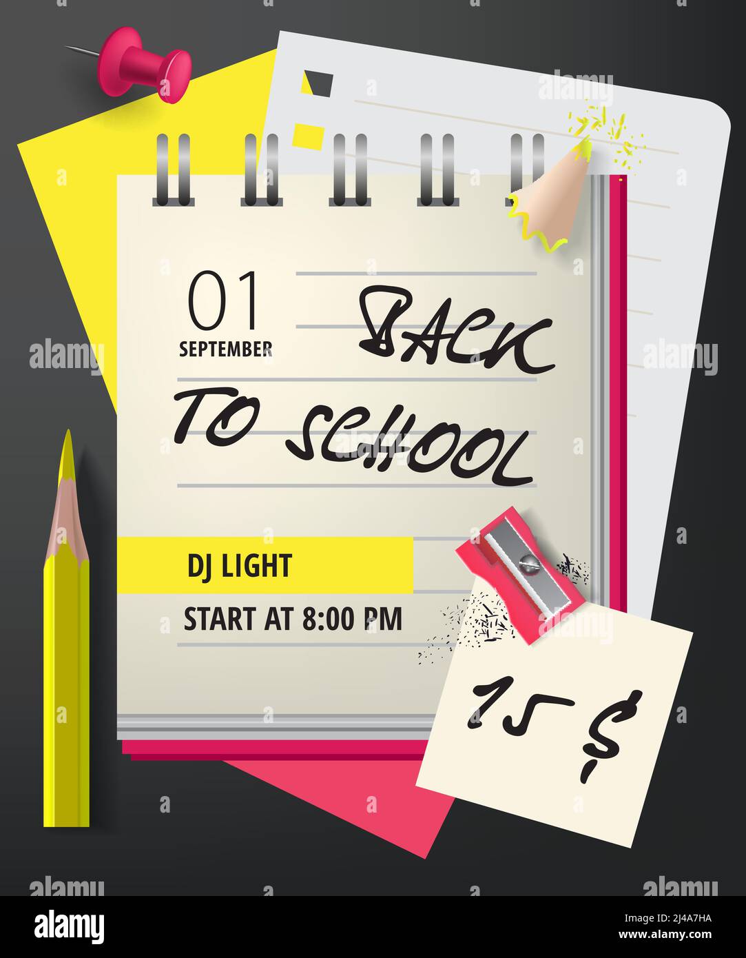 Back to school lettering with notebook and pencil sharpener. Invitation ...