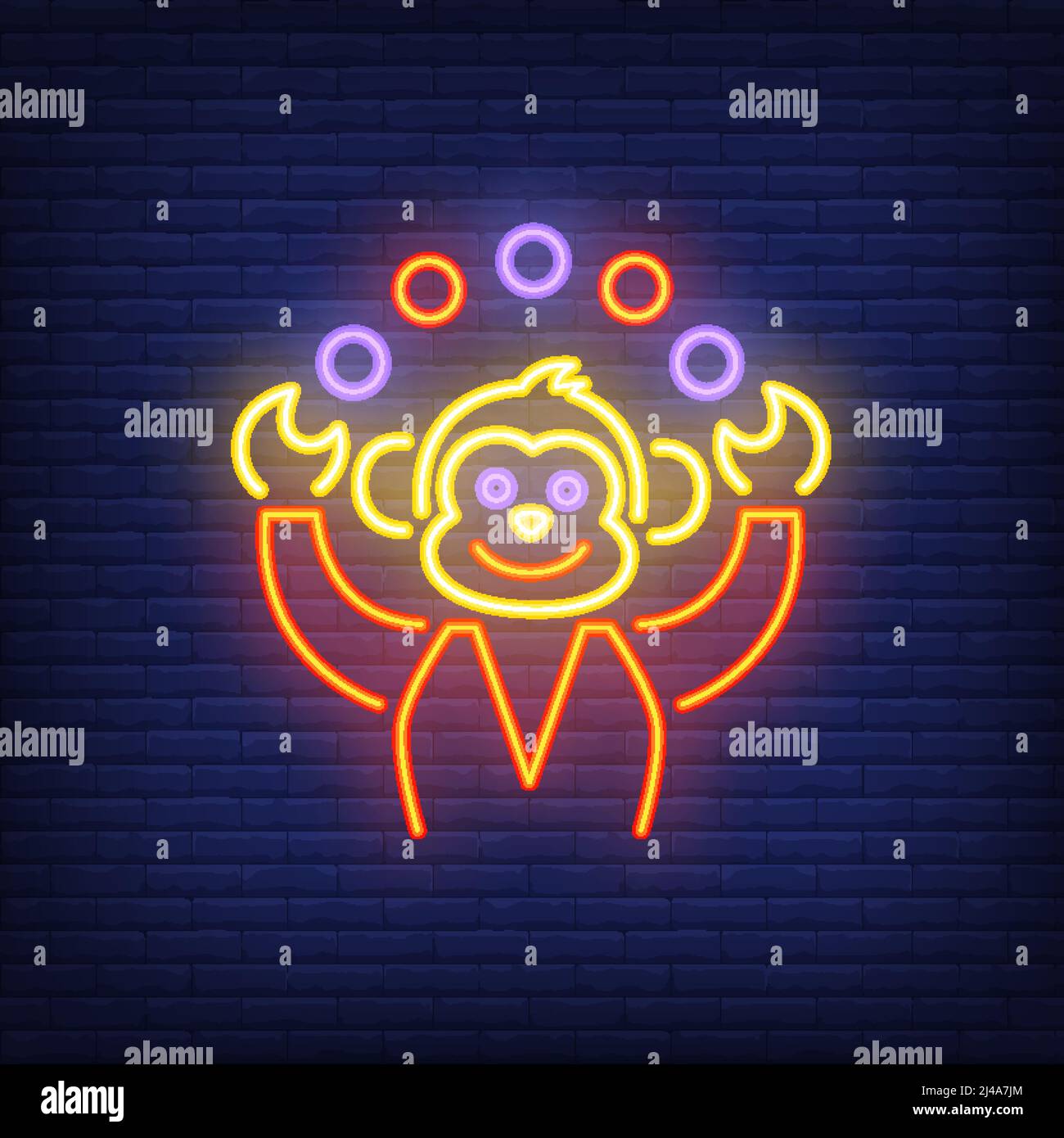 Funny monkey juggling colorful balls neon sign. Circus animal ...
