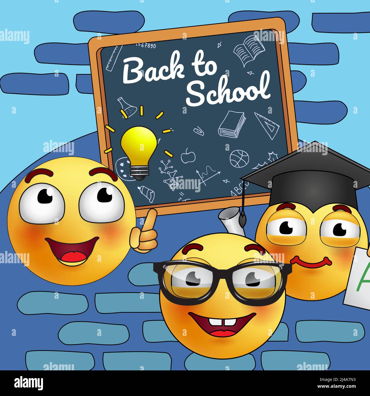 Back to school poster design. Cartoon studying emoticons at board with ...
