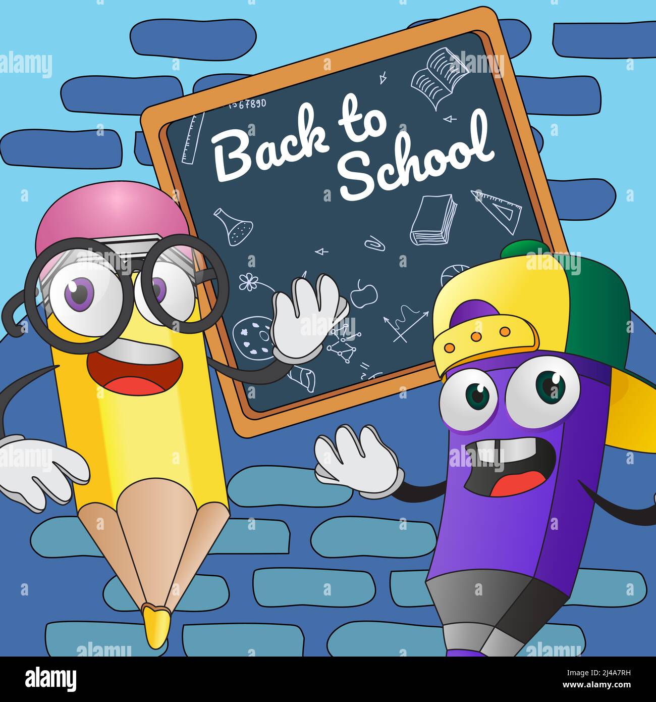 Back to school poster design. Cartoon pencils at board with random ...