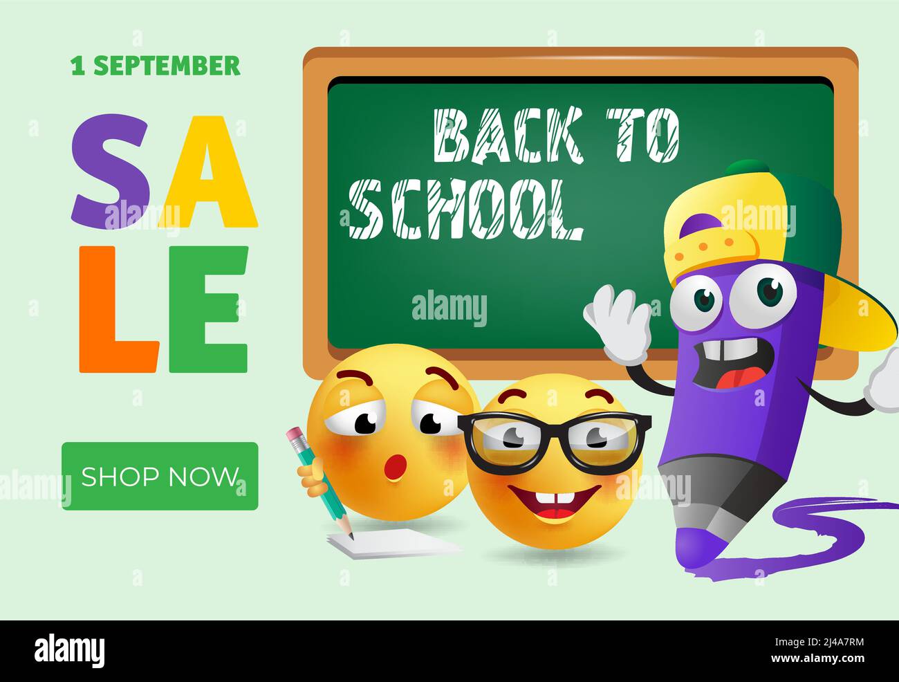 Back to school, shop now banner design with cartoon pencil, smart ...