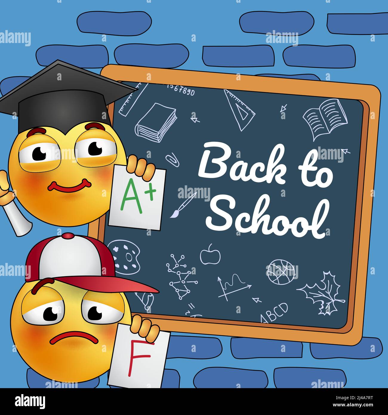 Back to school poster design. Cartoon studying smiley at board with ...