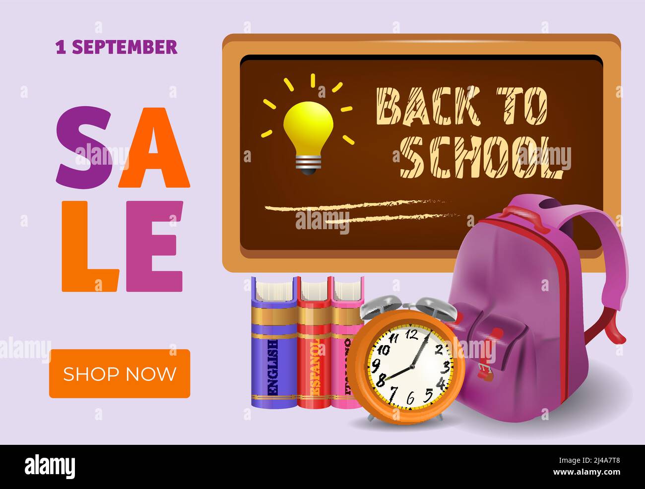 Back to school, shop now sale leaflet design with books, alarm clock ...
