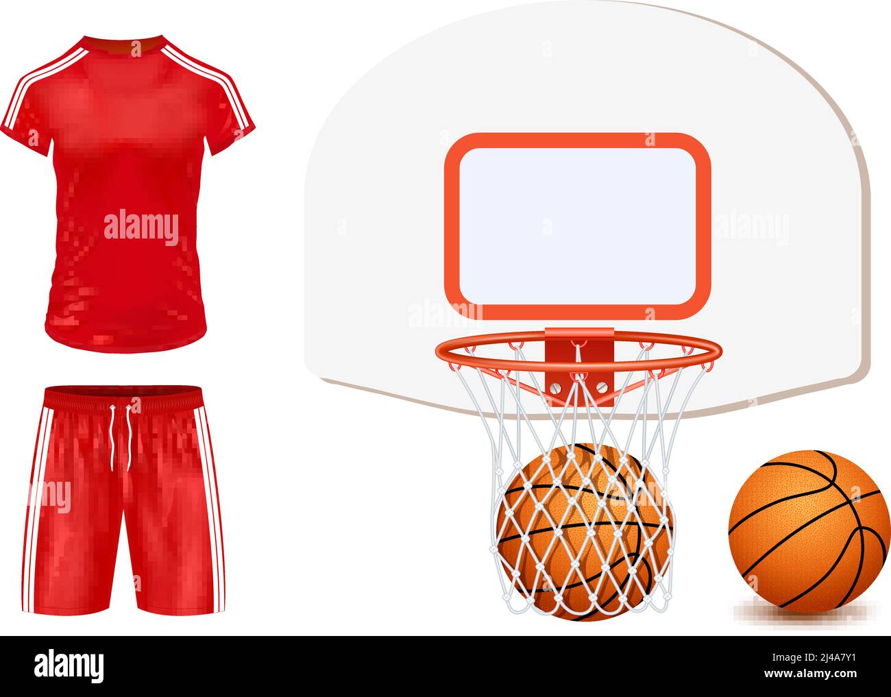 Colored basketball icon set with red sports uniforms of basketball ...