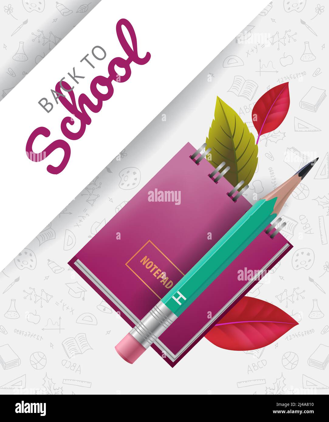 Back to school lettering with notebook, pencil and doodles. Offer or ...