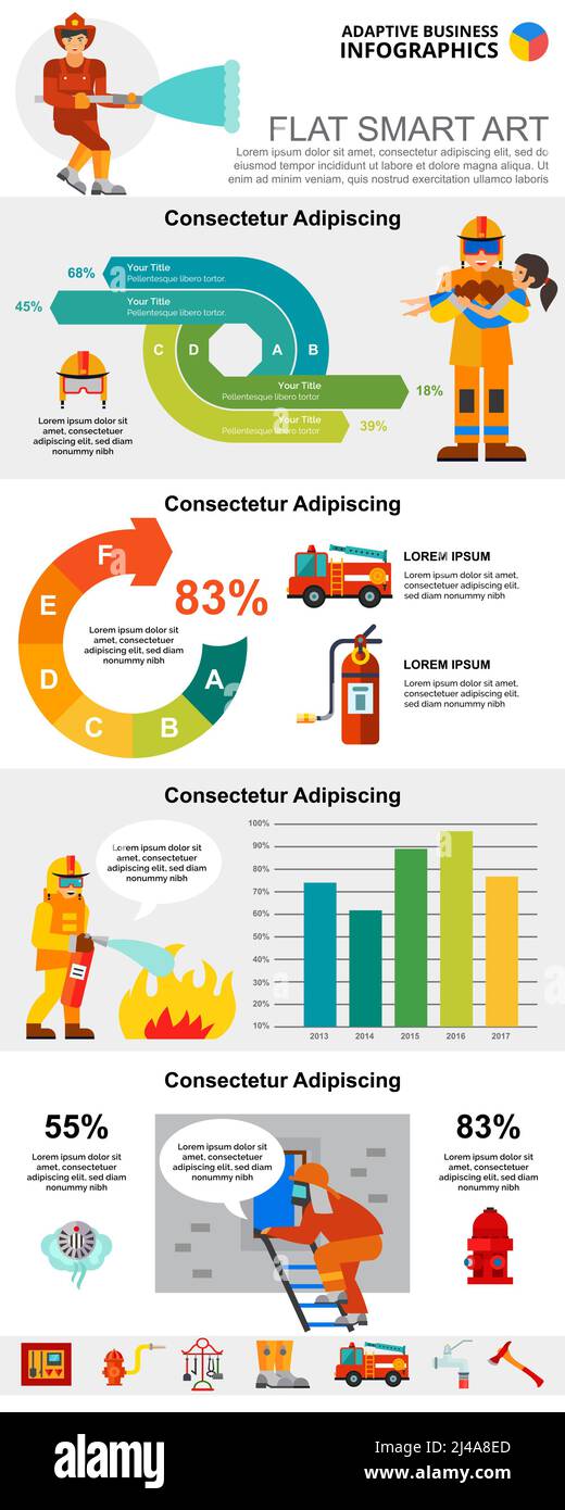 Fire service and statistics concept infographic charts set. Bar and ...