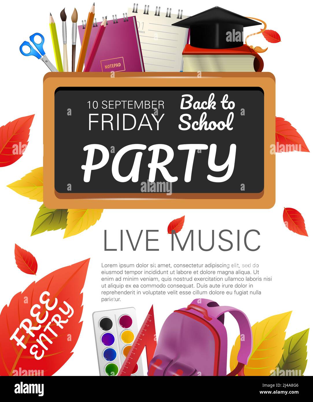 Free entry, back to school party flyer design with graduation cap ...