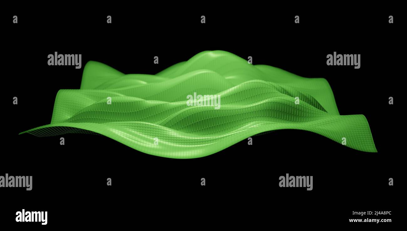 Floating Green Wireframe Waveform Object And Abstract Visualization Of Sound Waves With