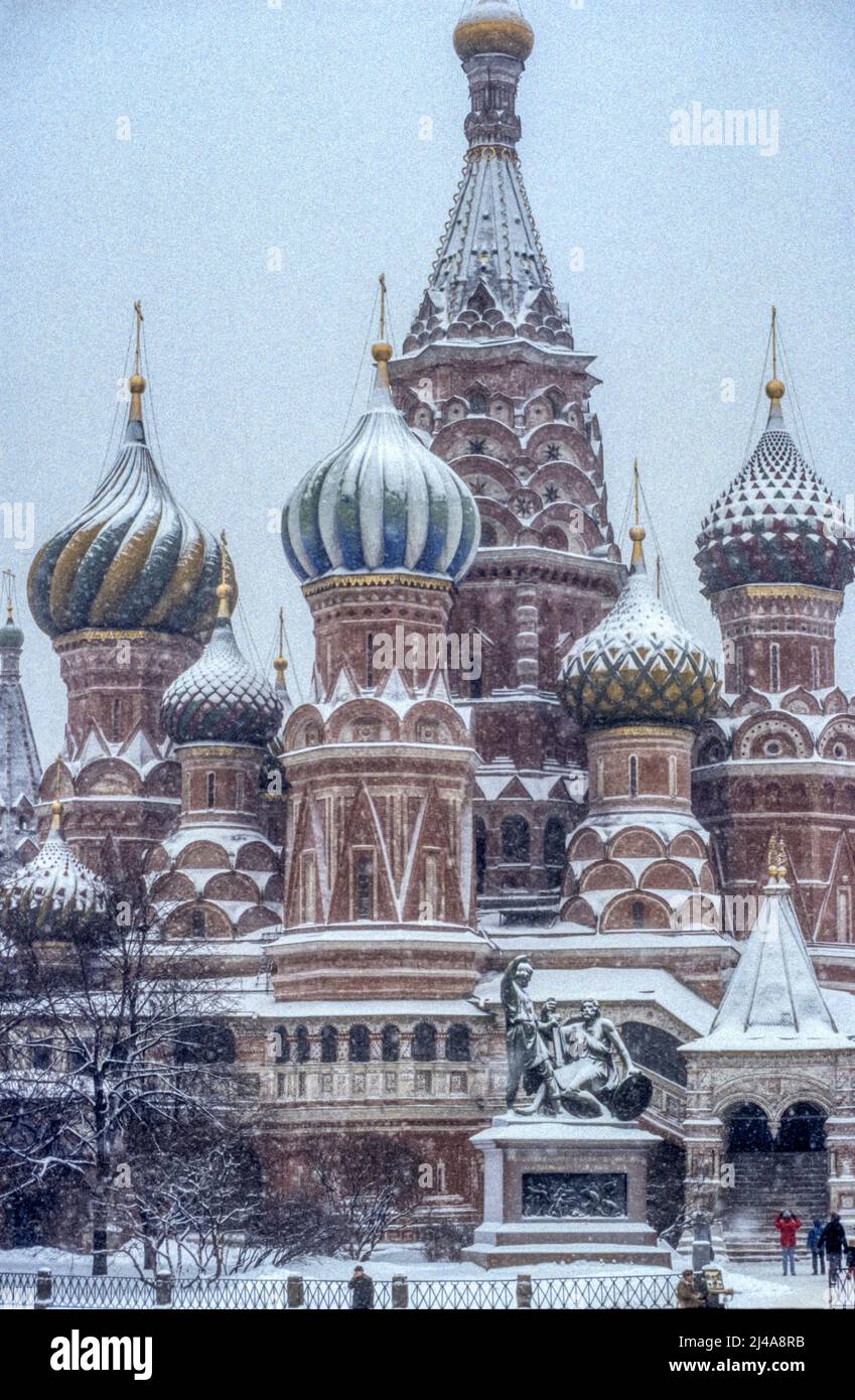 1990s archive photograph of St Basil's cathedral, Moscow. During snow ...