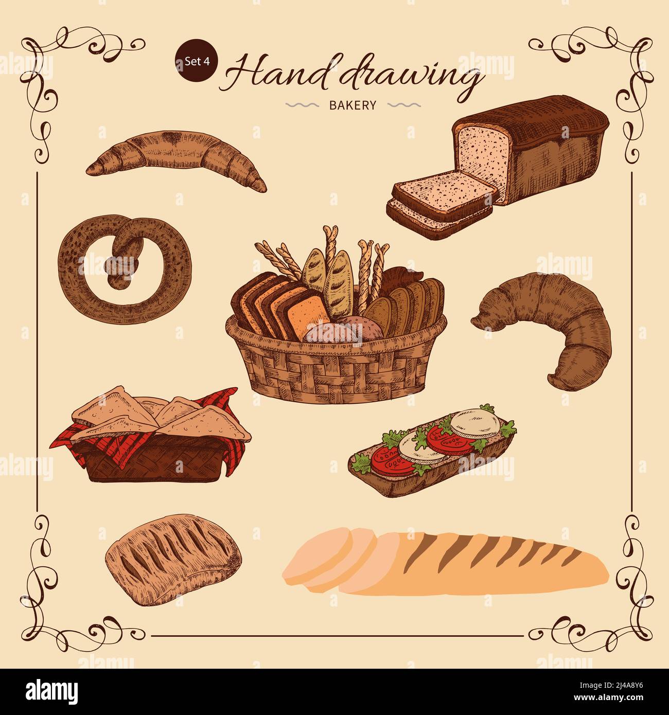 Bakery colored hand drawn set with decorative frame flour products on ...