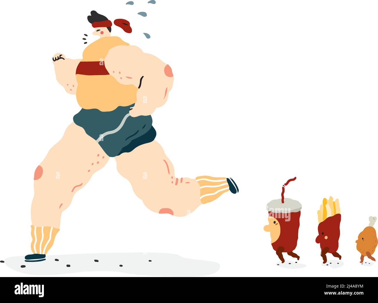 Hand drawn vector illustration of fast food characters walk follow fat ...