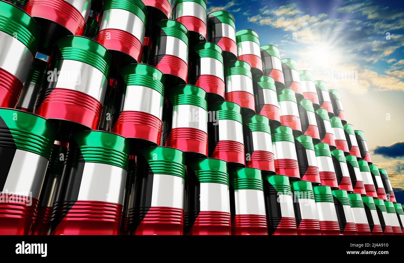 Oil barrels with flag of Kuwait - 3D illustration Stock Photo - Alamy