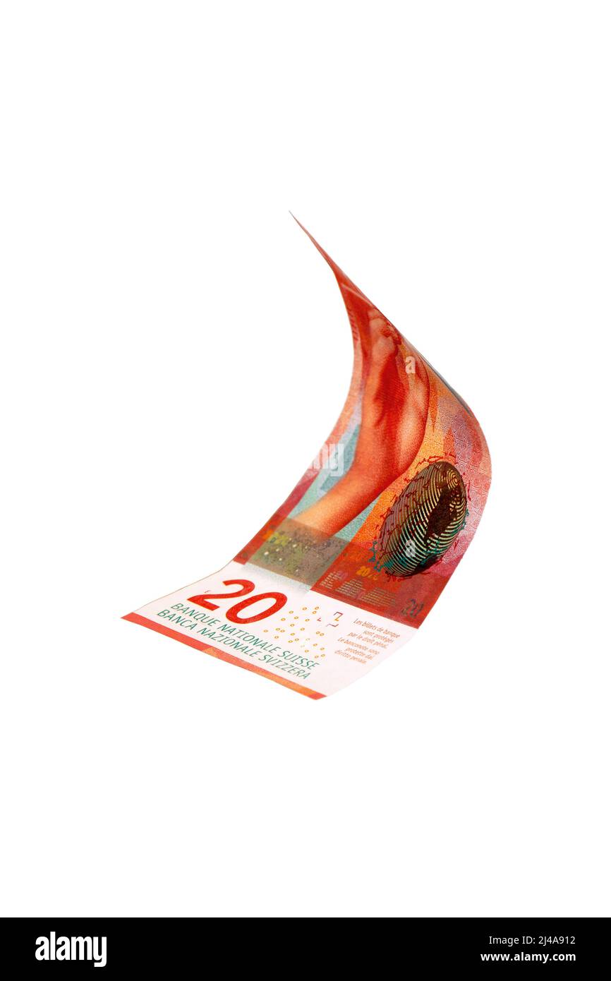 Flying Swiss money - 20 francs note isolated with clipping path Stock ...