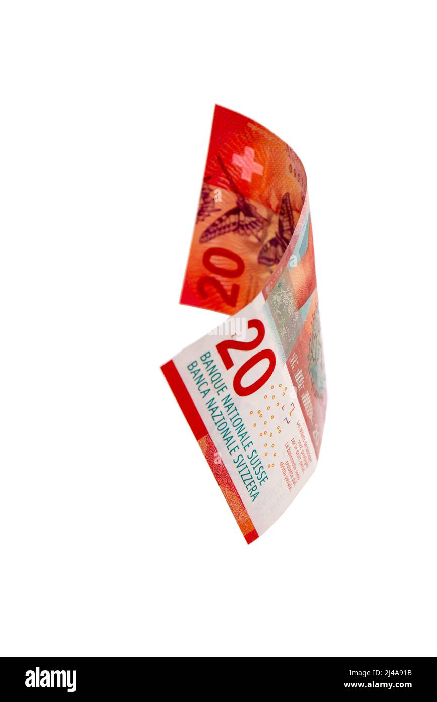 Flying Swiss money - 20 francs note isolated with clipping path Stock ...
