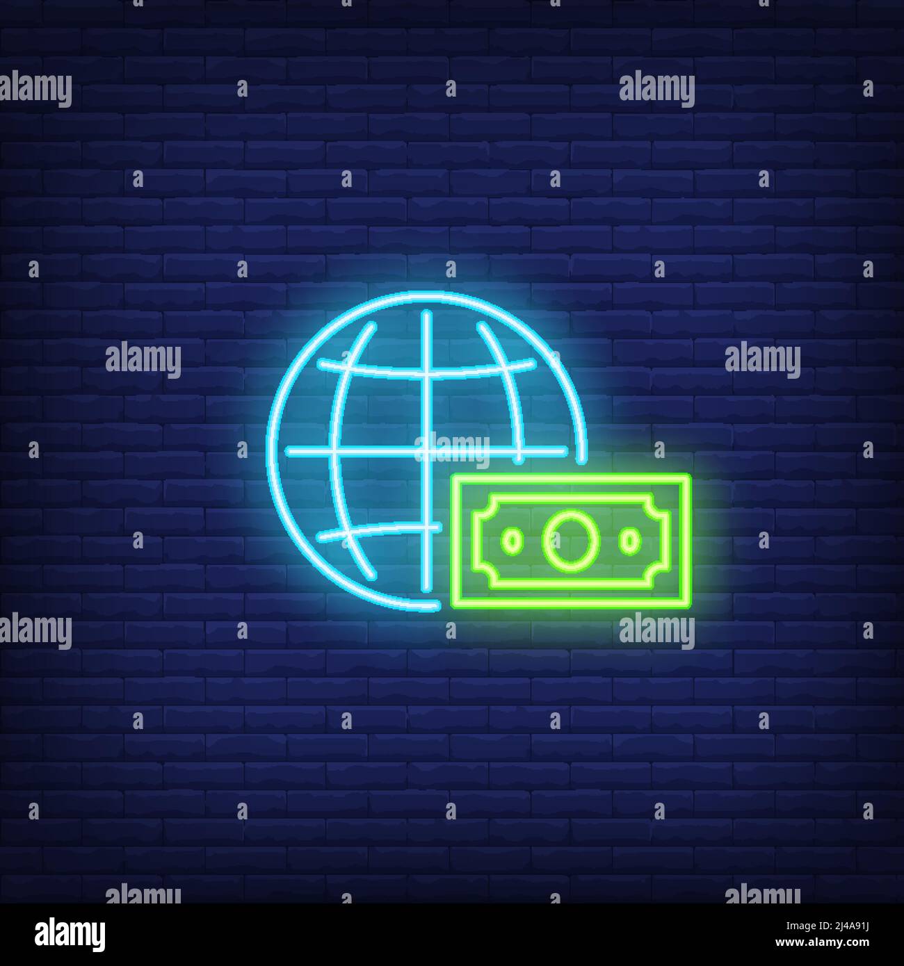 Globe and dollar bill neon sign. Money, finance and economy concept ...