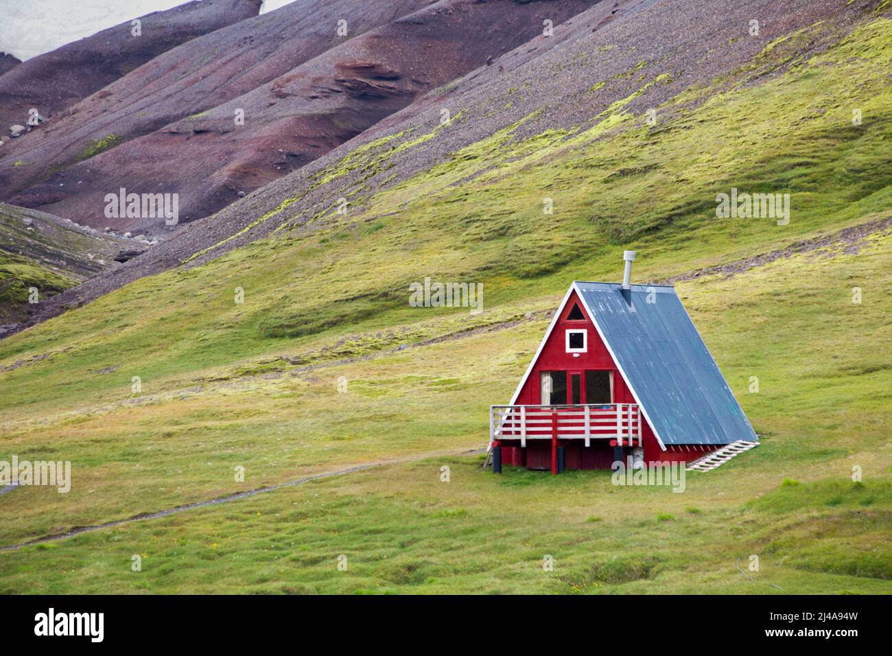 Traditional wooden travelers hut in the mountain areas in Iceland Stock ...