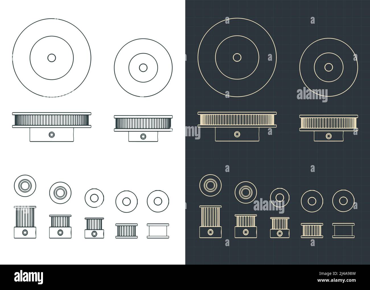 Stylized vector illustration of blueprints of pulleys and Idler Stock ...