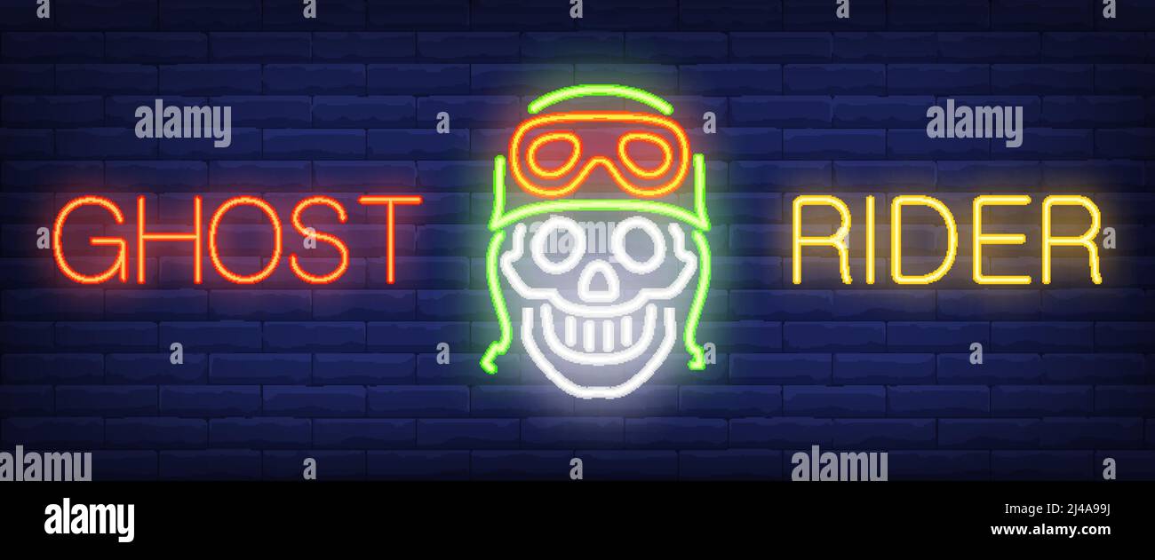 Ghost rider neon text with skull in helmet and goggles. Transport and ...