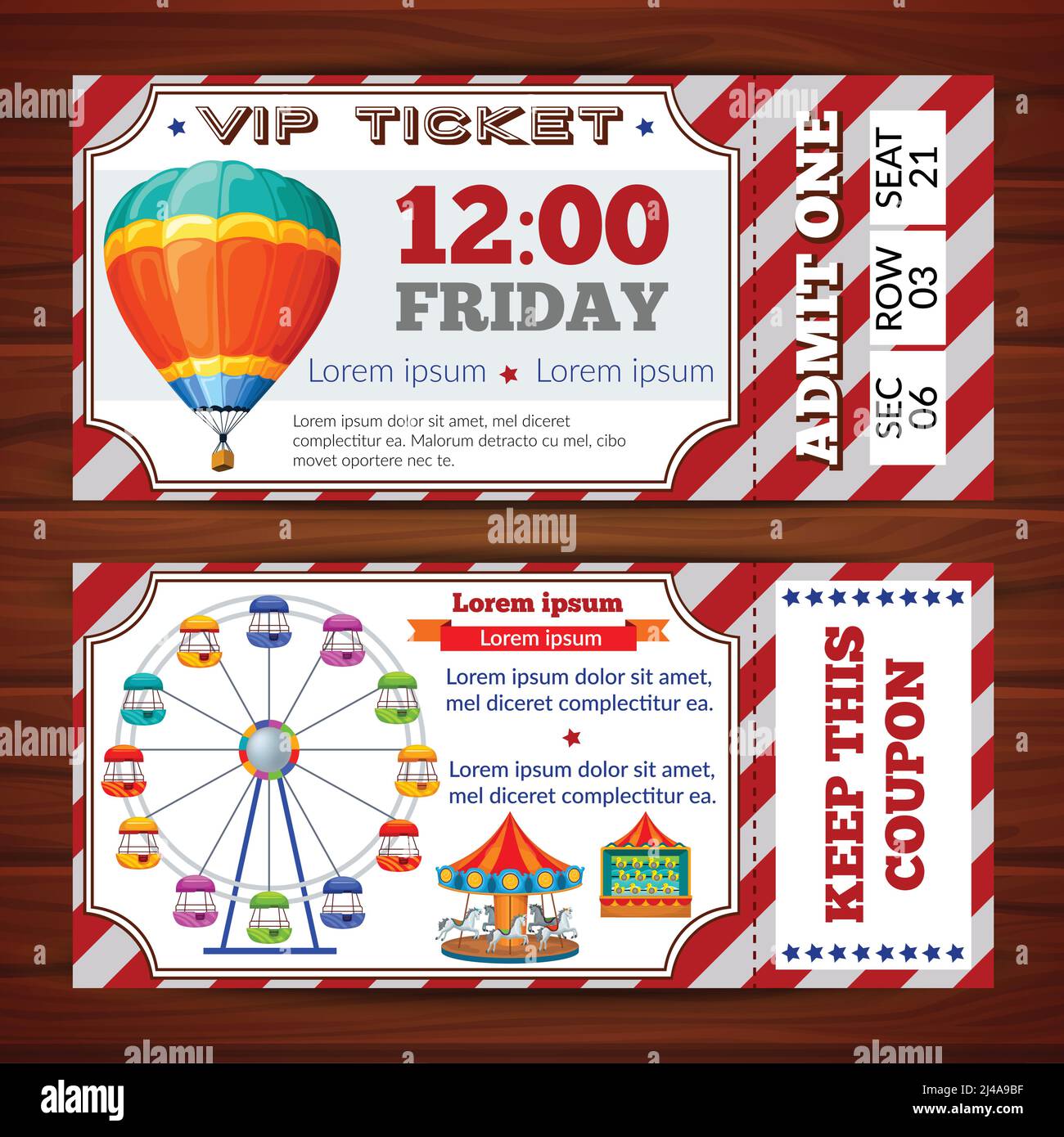 Amusement park tickets with red white substrate and colorful ...