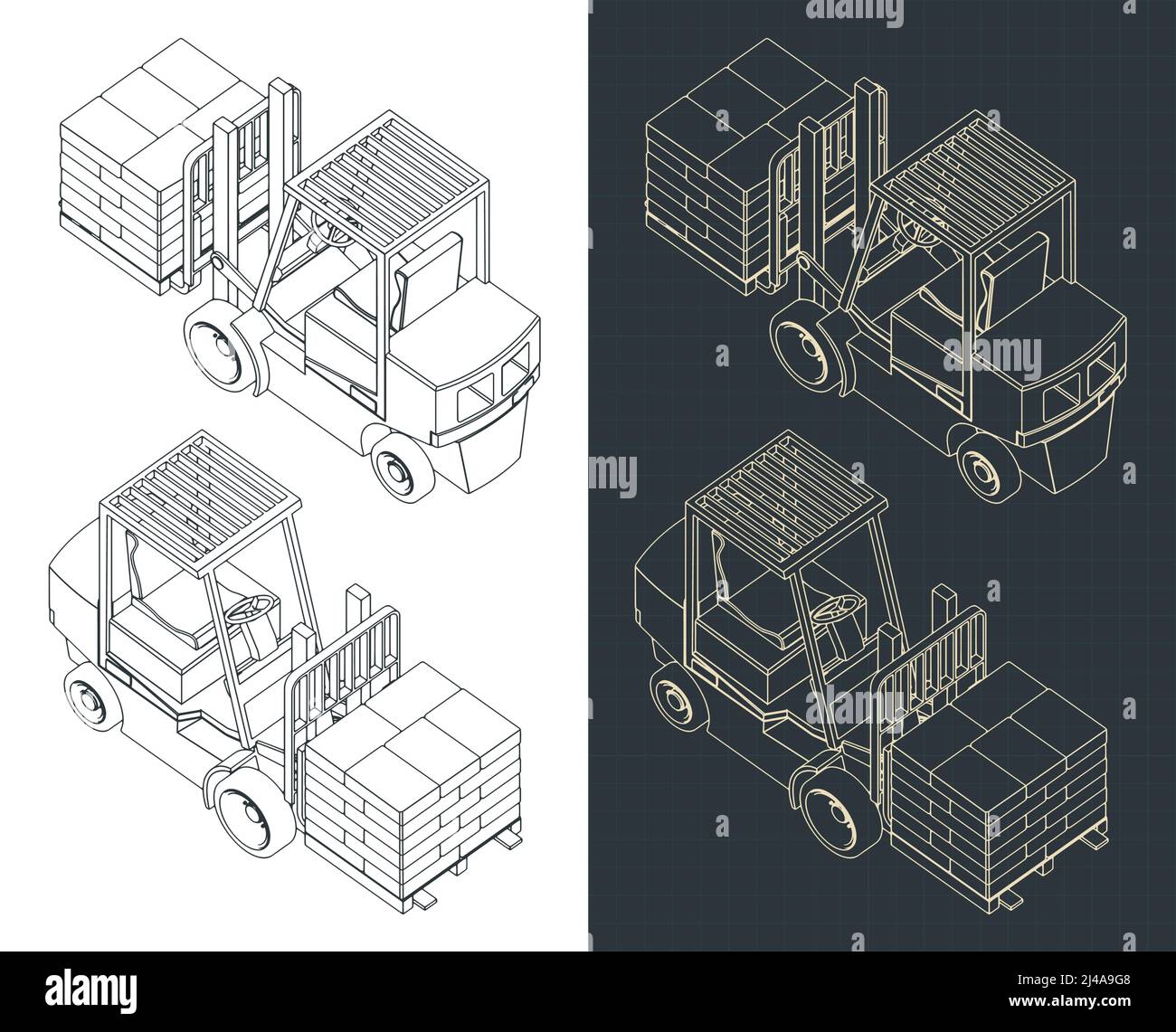 Stylized vector illustration of isometric blueprints of forklift with ...