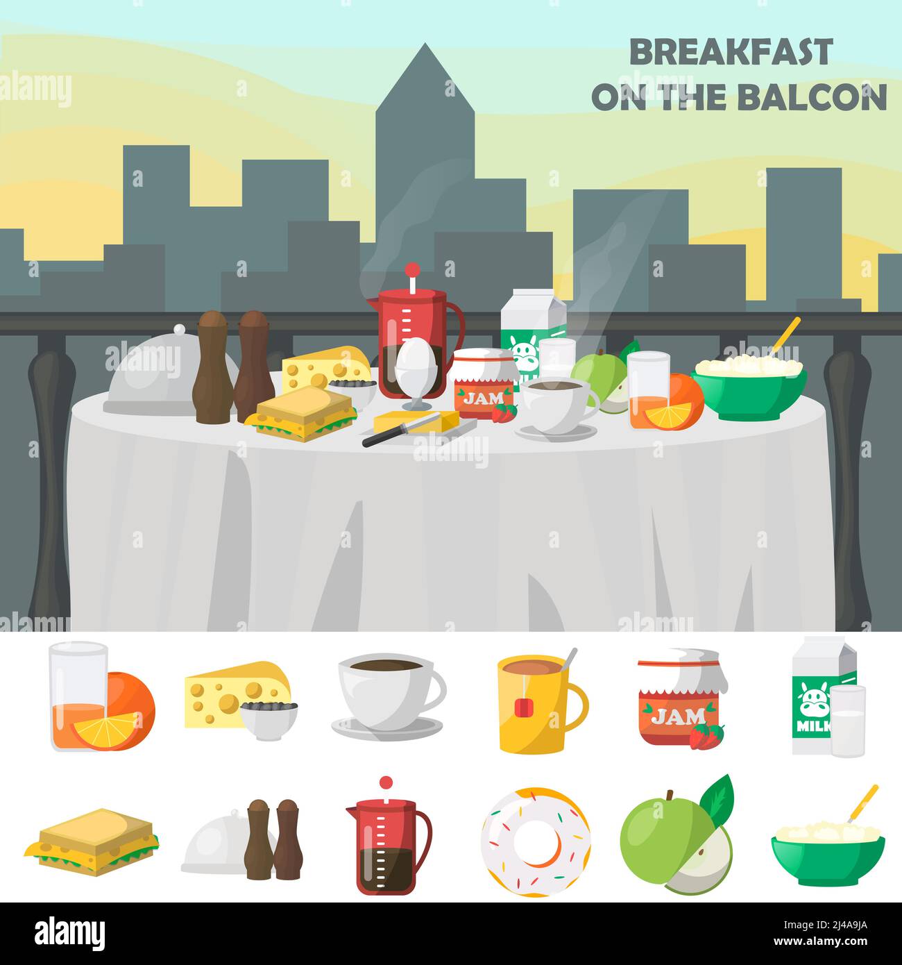 Breakfast on balcon concept with morning meal on city scenery ...