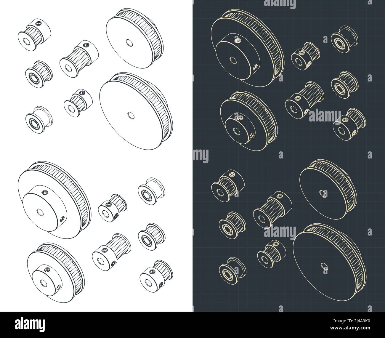 Stylized vector illustration of isometric blueprints of pulleys and ...