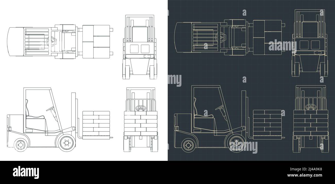 Stylized vector illustration of blueprints of forklift with cargo Stock ...