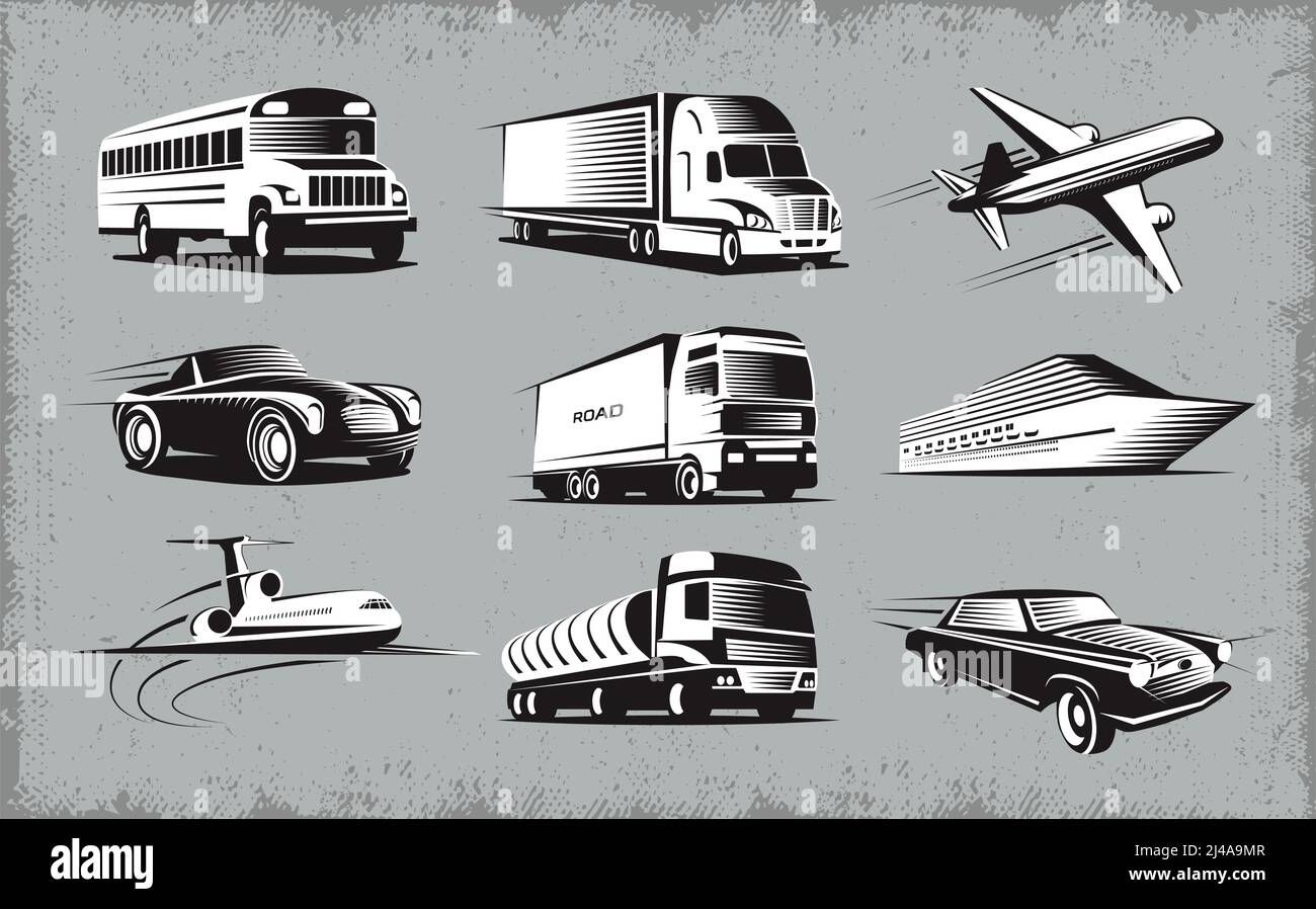 Flat monochrome set with images of different types of vehicles isolated ...