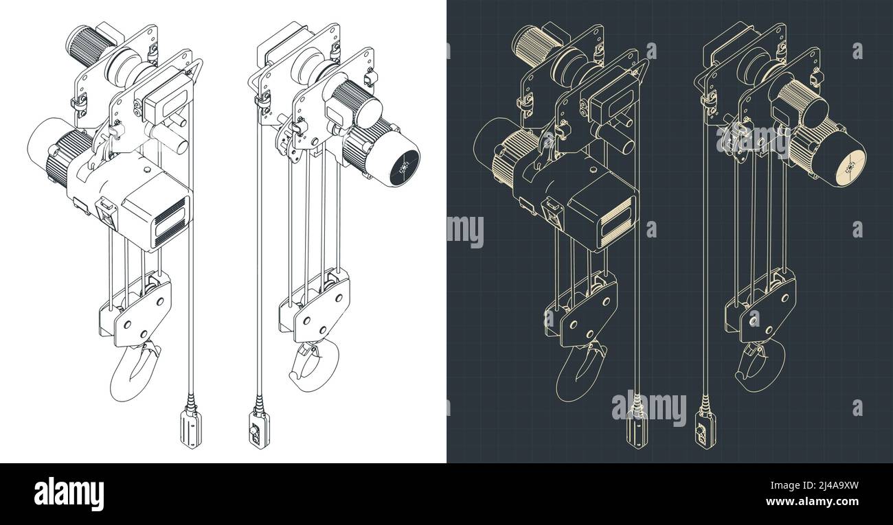 Stylized vector illustration of isometric blueprints of electric hoist ...
