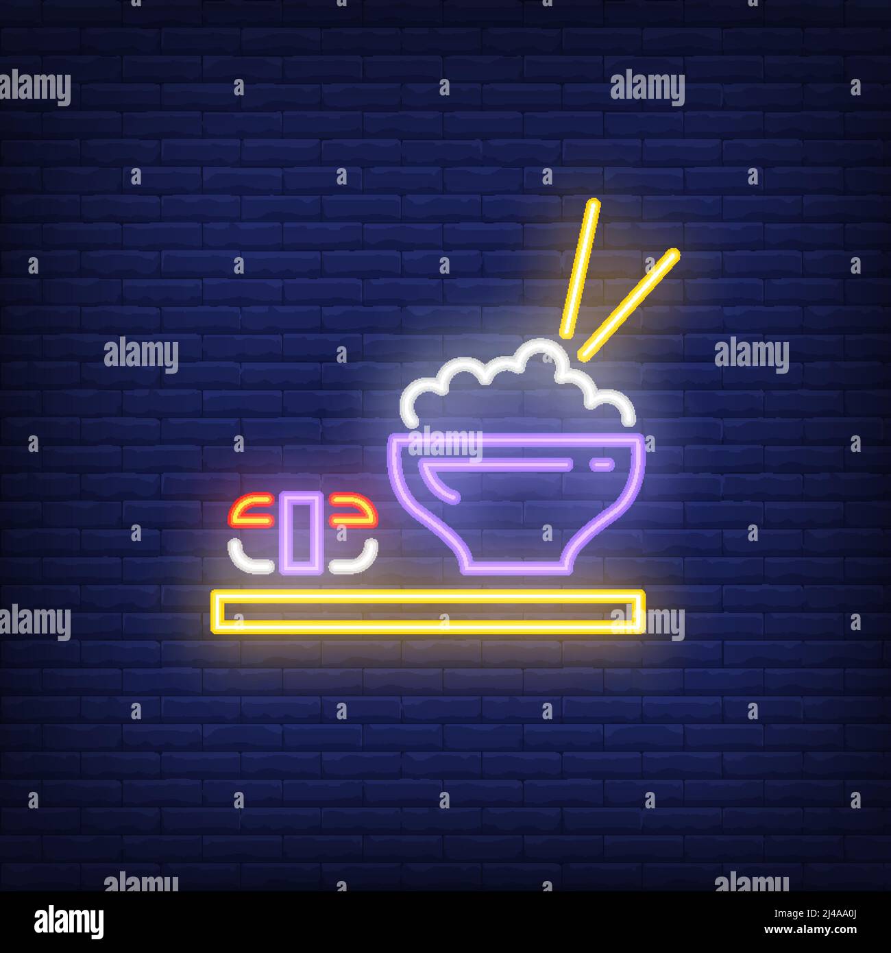 Japanese dishes with sushi and rice neon sign. Food, restaurant ...