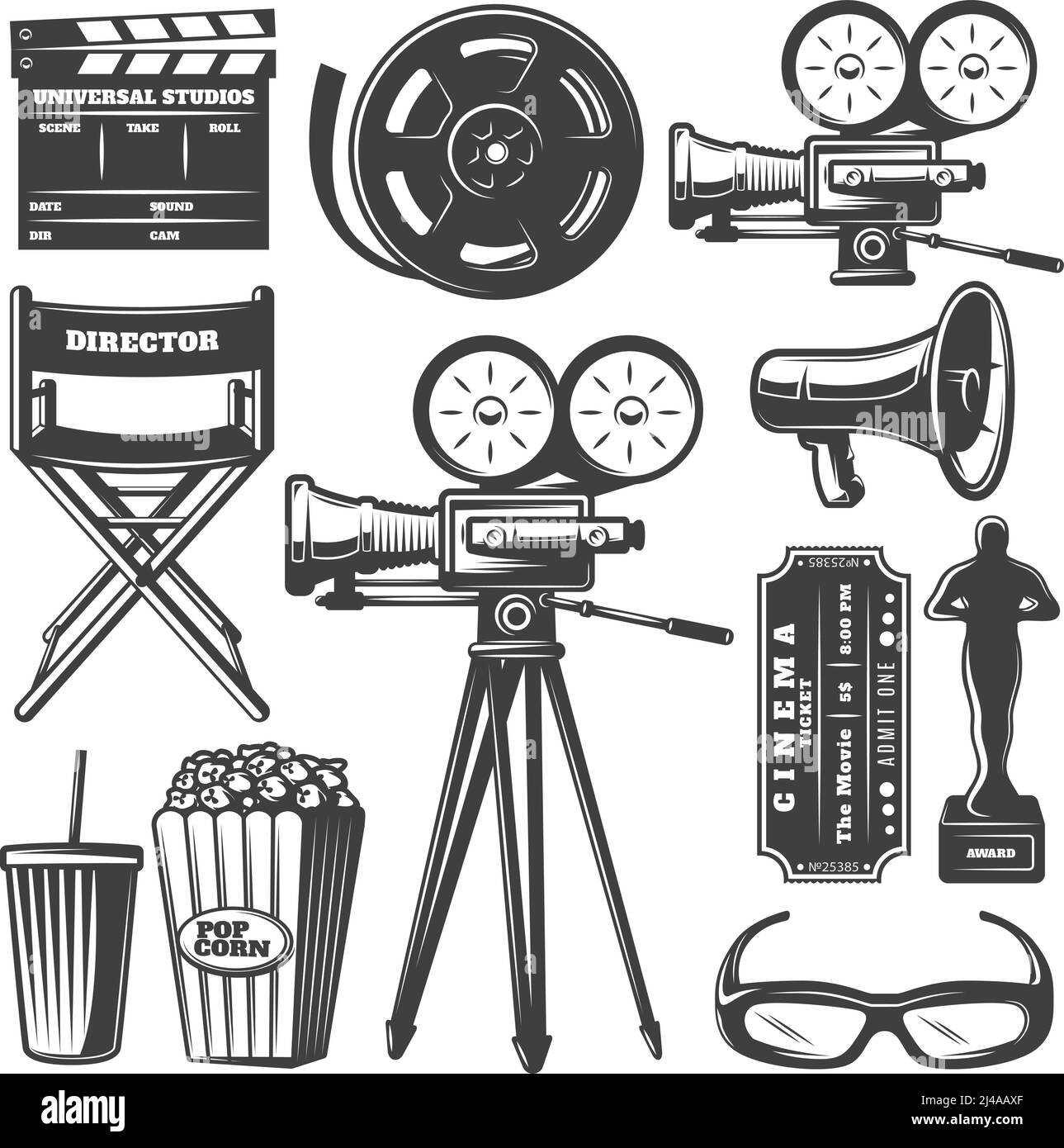 Isolated black and white drawn cinema elements including camera ...