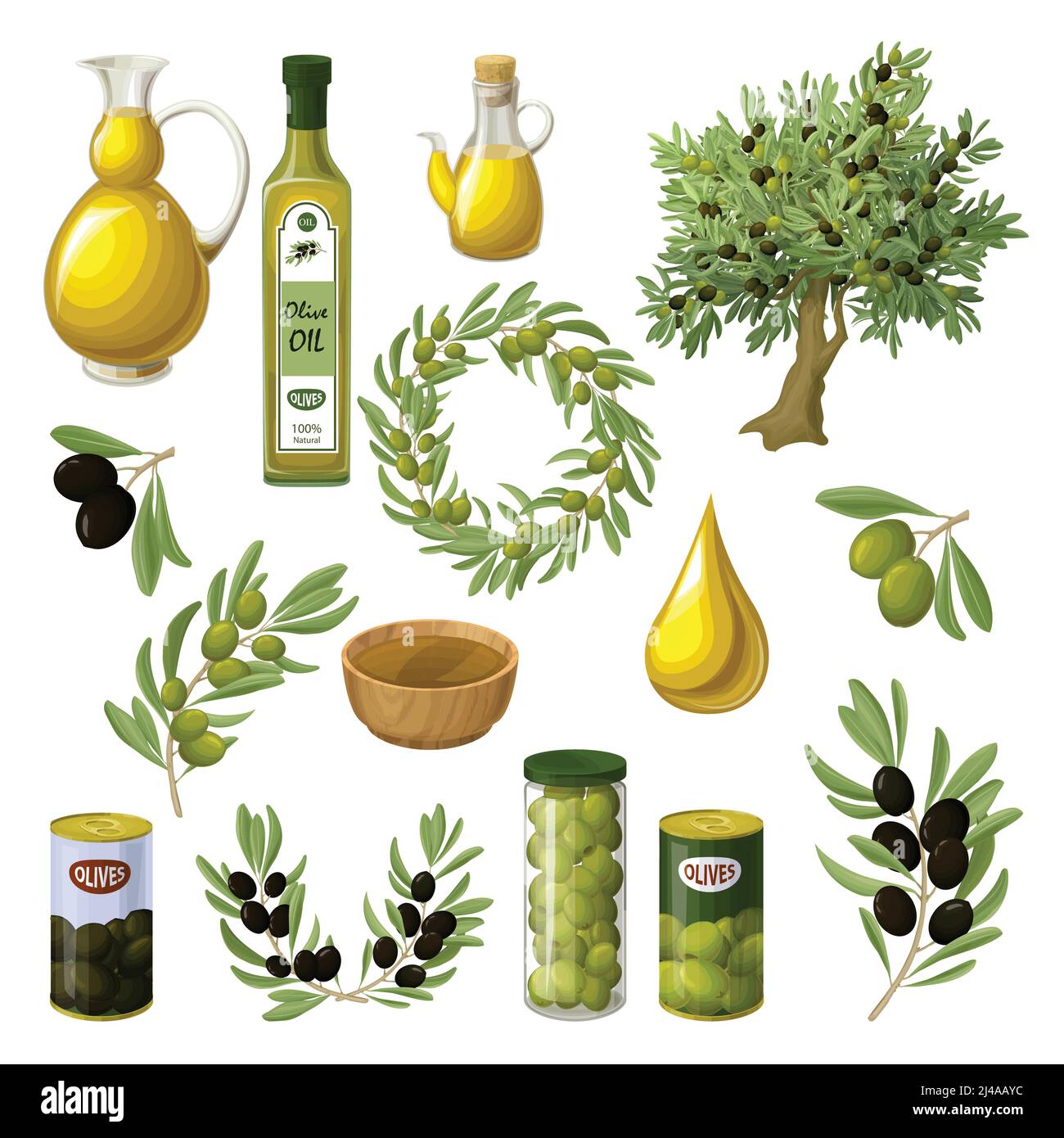 Cartoon olive oil elements set with tree branches wreath pitchers cans ...