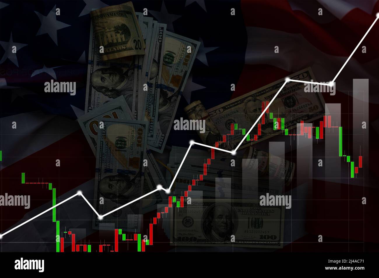 US dollar bills on background with dynamics of exchange rates. Trading ...