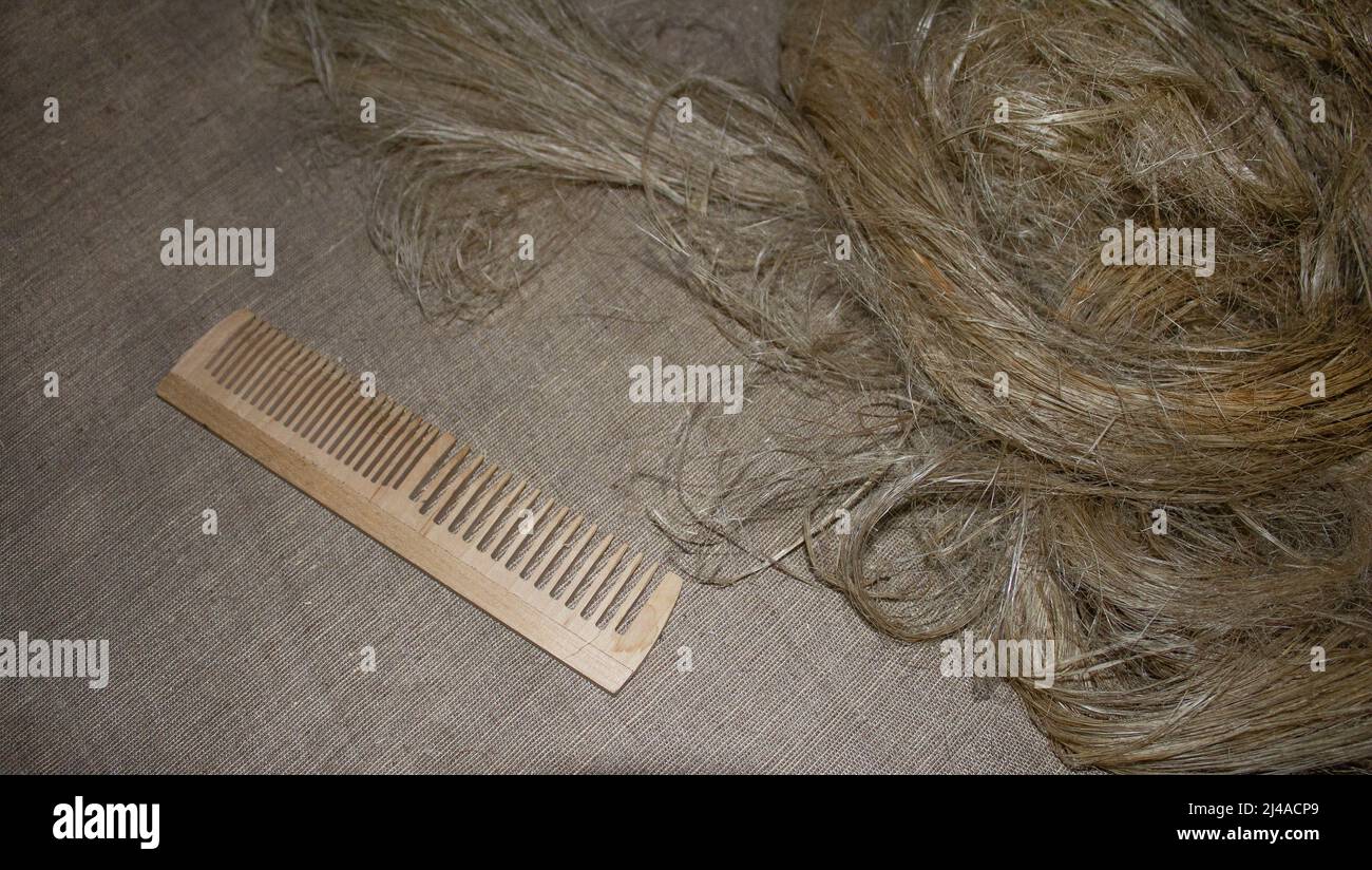 Flax fibers on a background of linen fabric. Wooden comb for combing ...