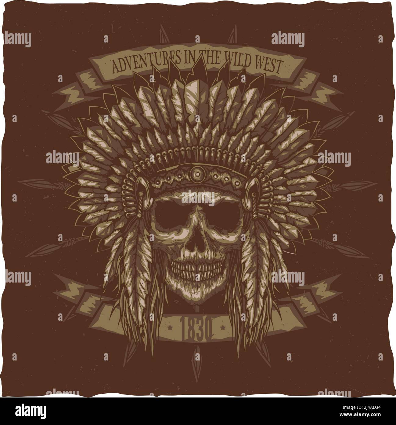 American Indian Chief Skull With Spears. T-shirt label design. Hand ...