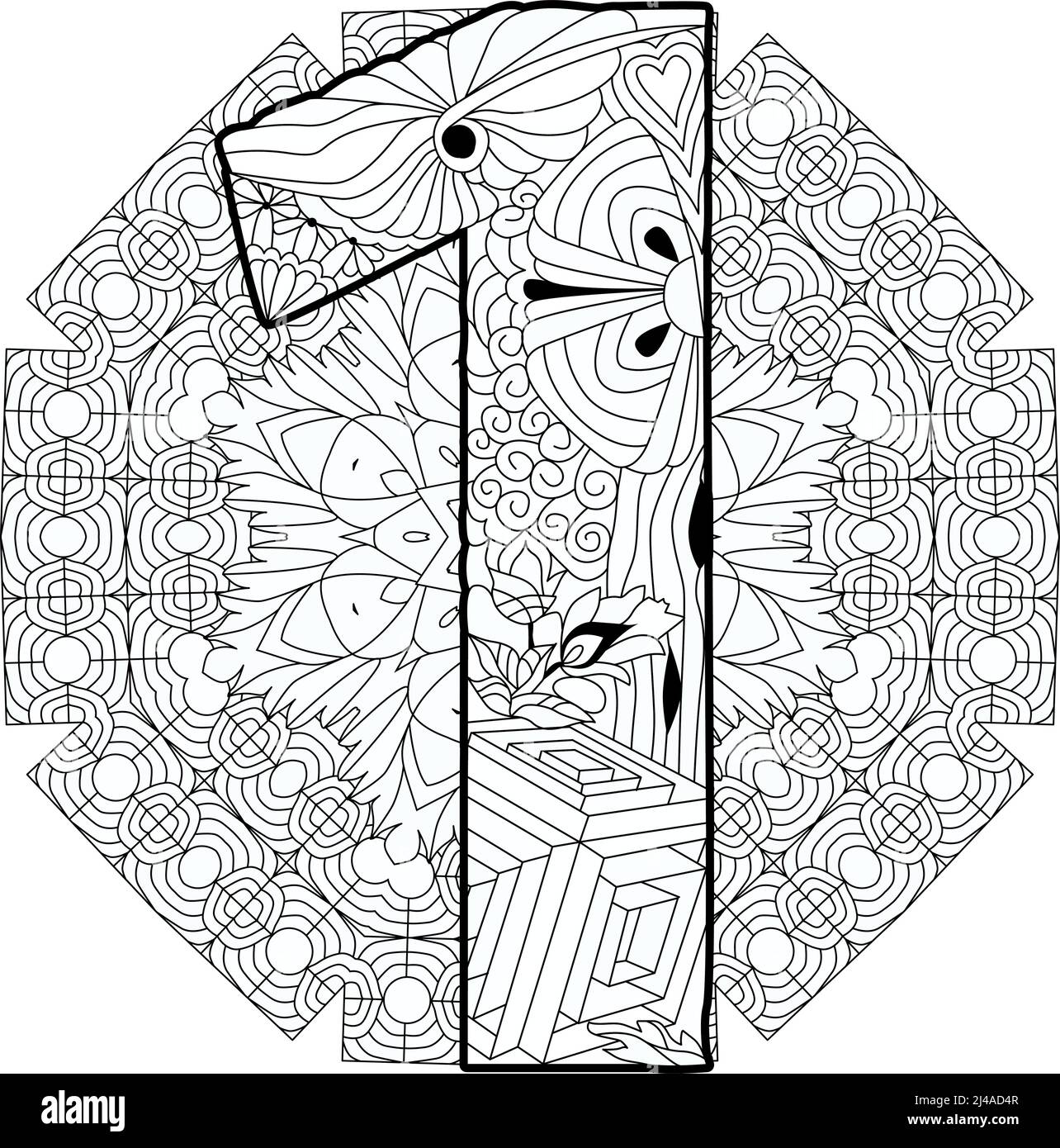 One number on mandala Isolated zentangle illustration for coloring ...