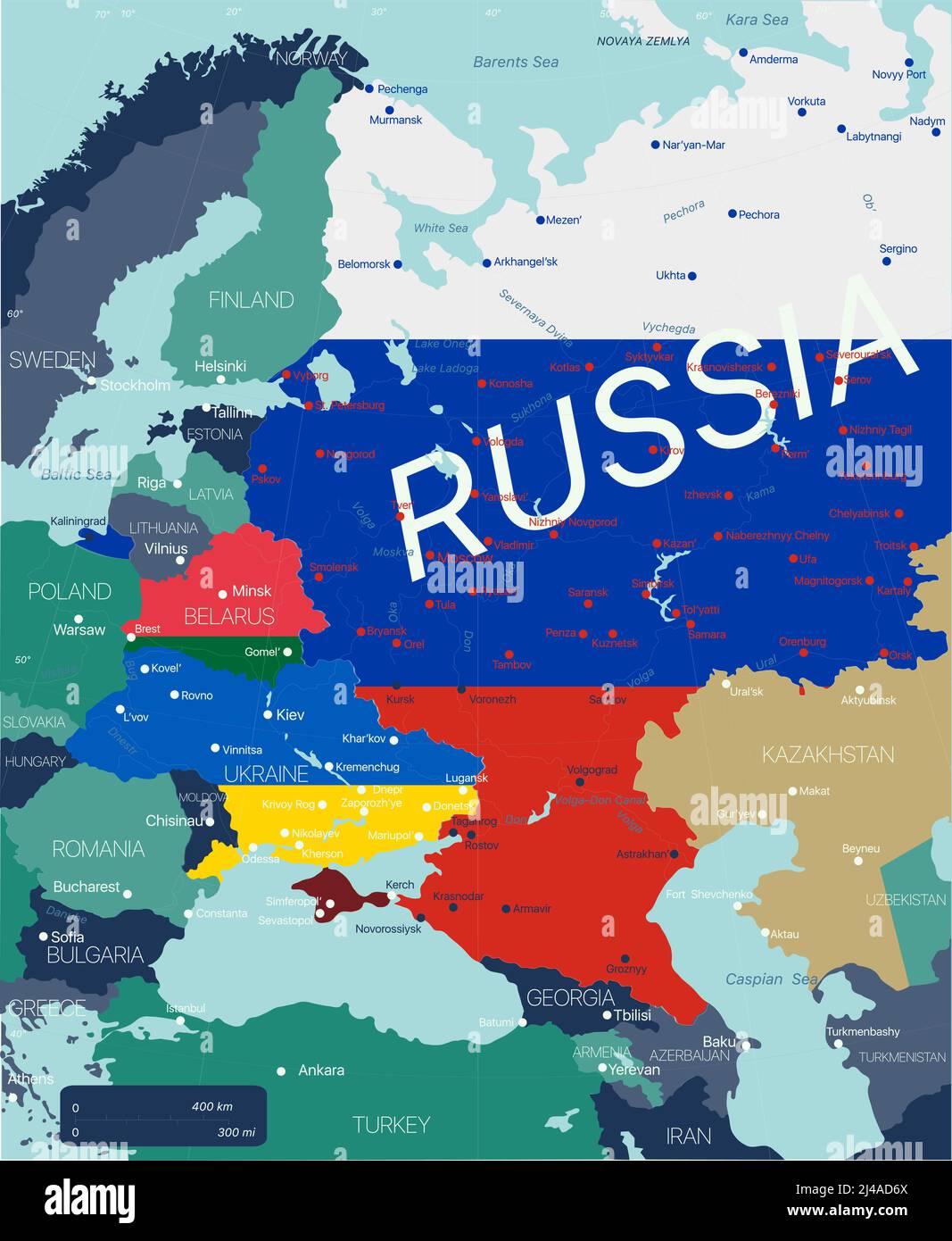 Western part of Russia Belarus and Ukraine detailed editable map with ...