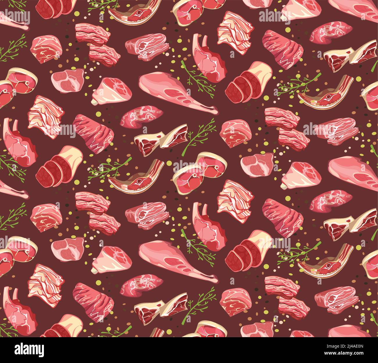 Colorful Fresh Pork Meat Seamless Pattern With Various Parts Of Cutting