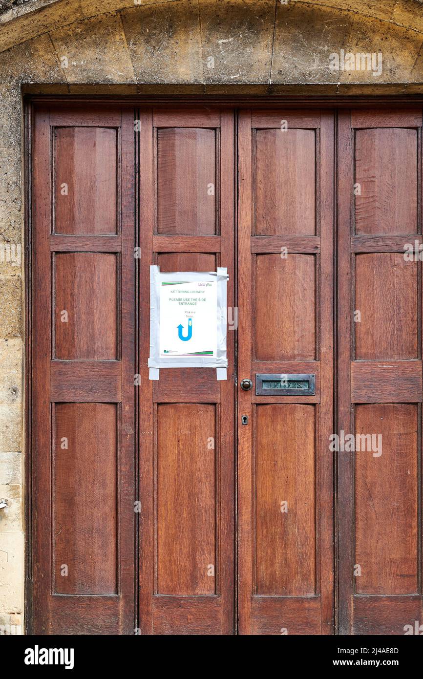 Main entrance to the public library (founded 1904) in Kettering ...