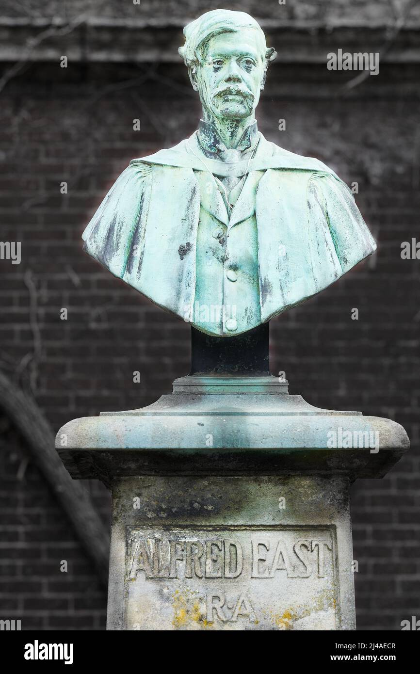 Outside the art gallery in Kettering, England, a bust of Alfred East ...