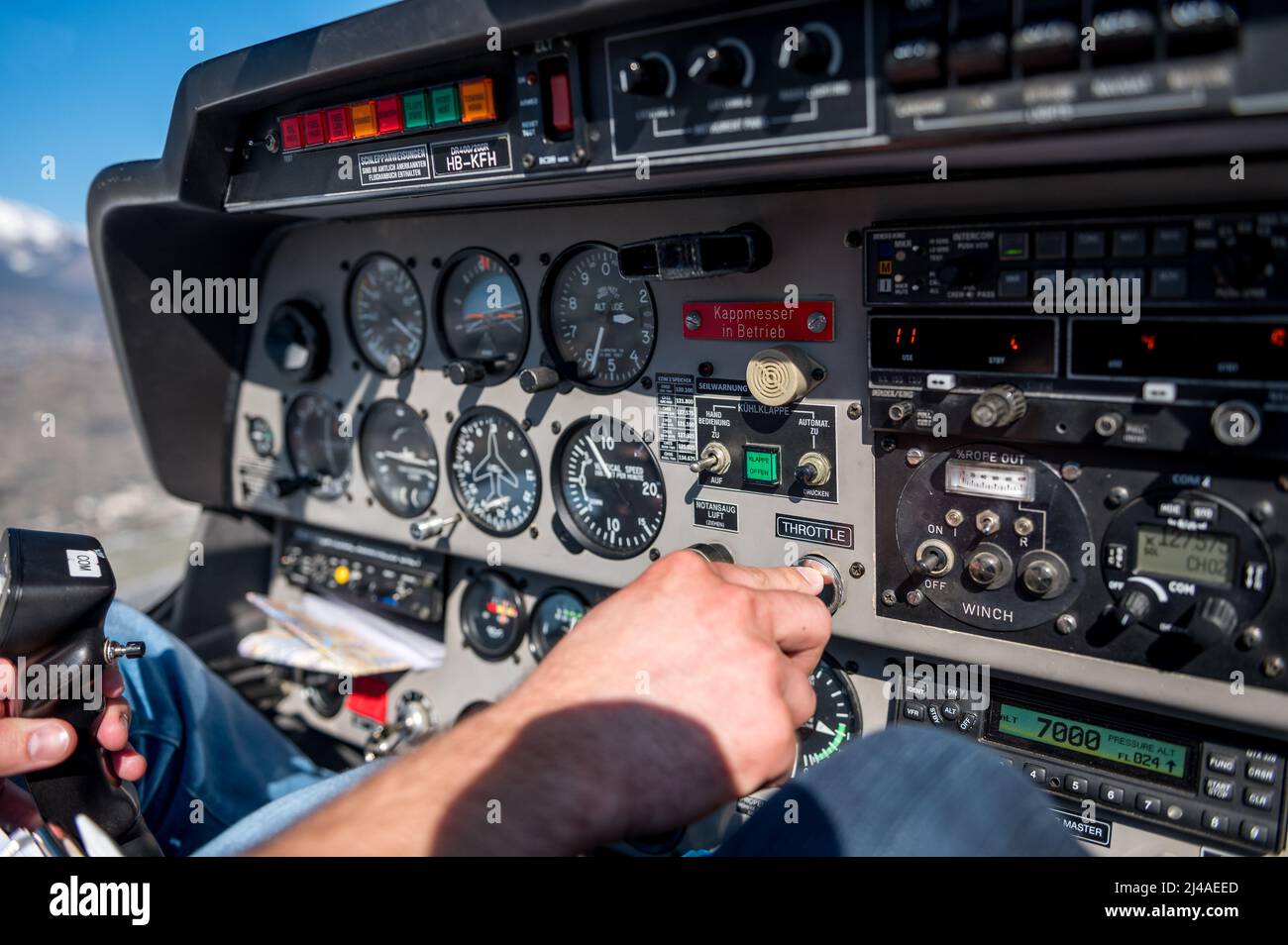 cockpit of a small airplane with hand of pilot Stock Photo - Alamy
