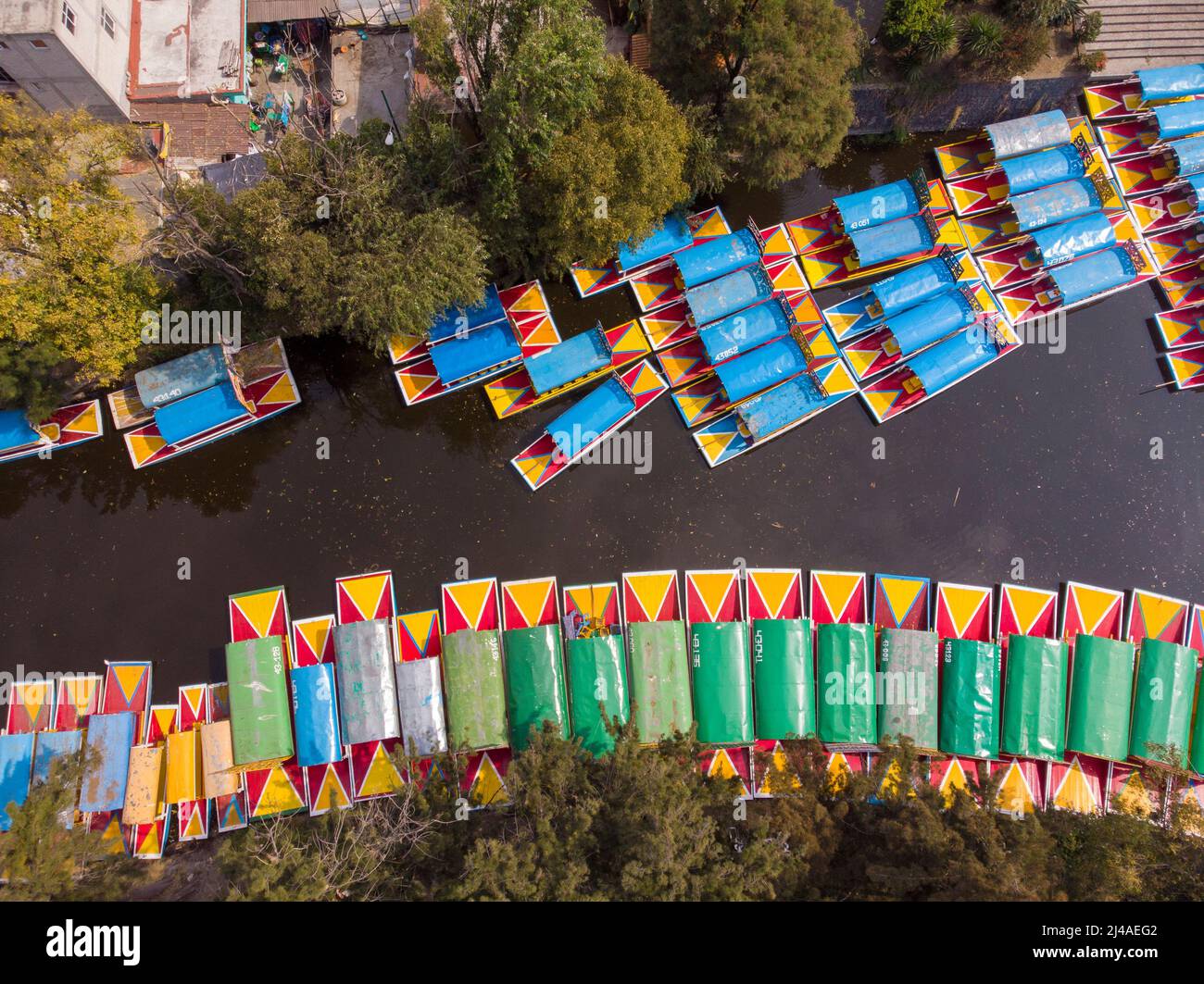 Aerial Drone Shot of Colorful Boats in Xochimilco. Tours by cannels ...