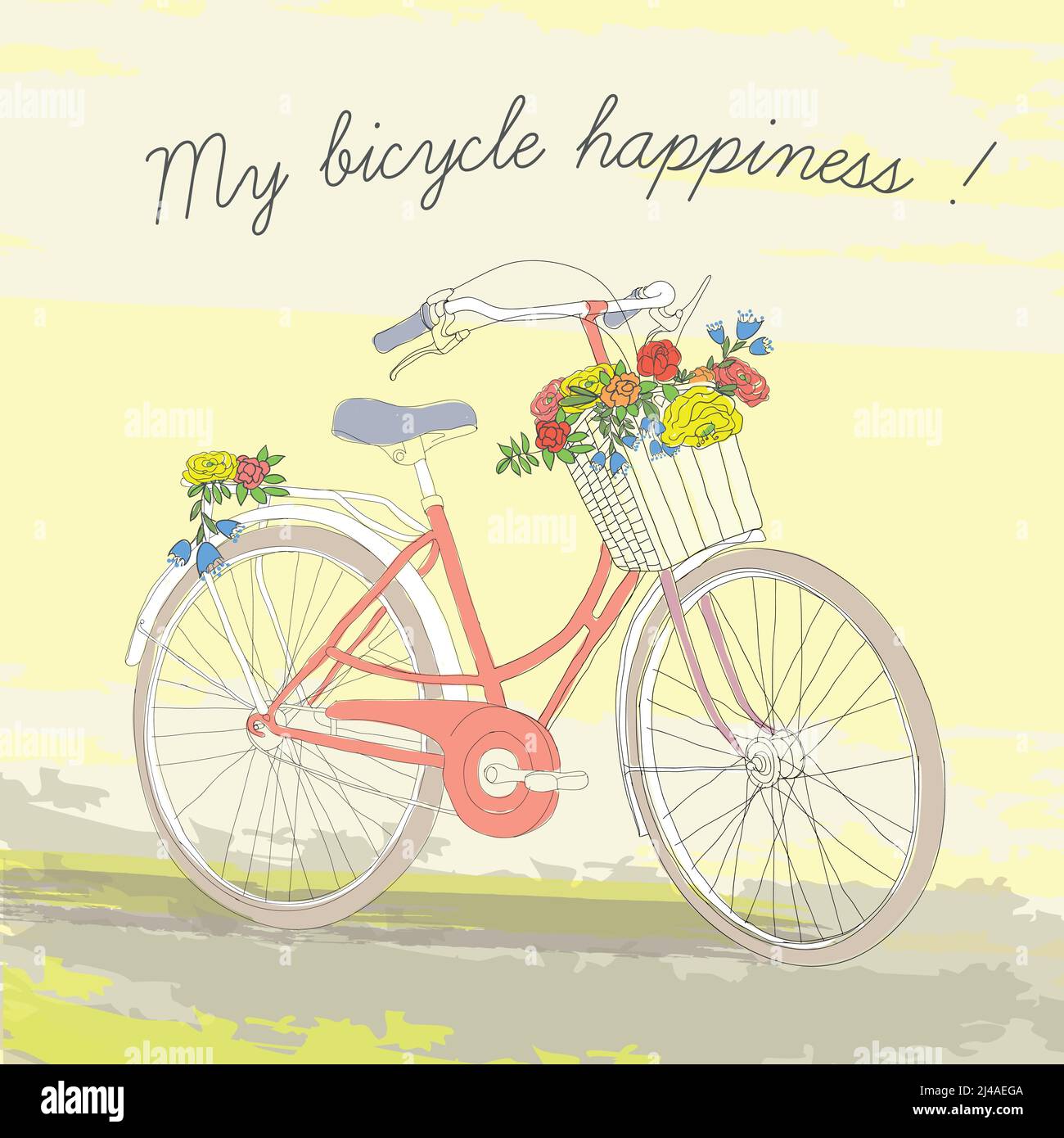 Colorful vintage spring bicycle poster with blossom flowers in basket ...