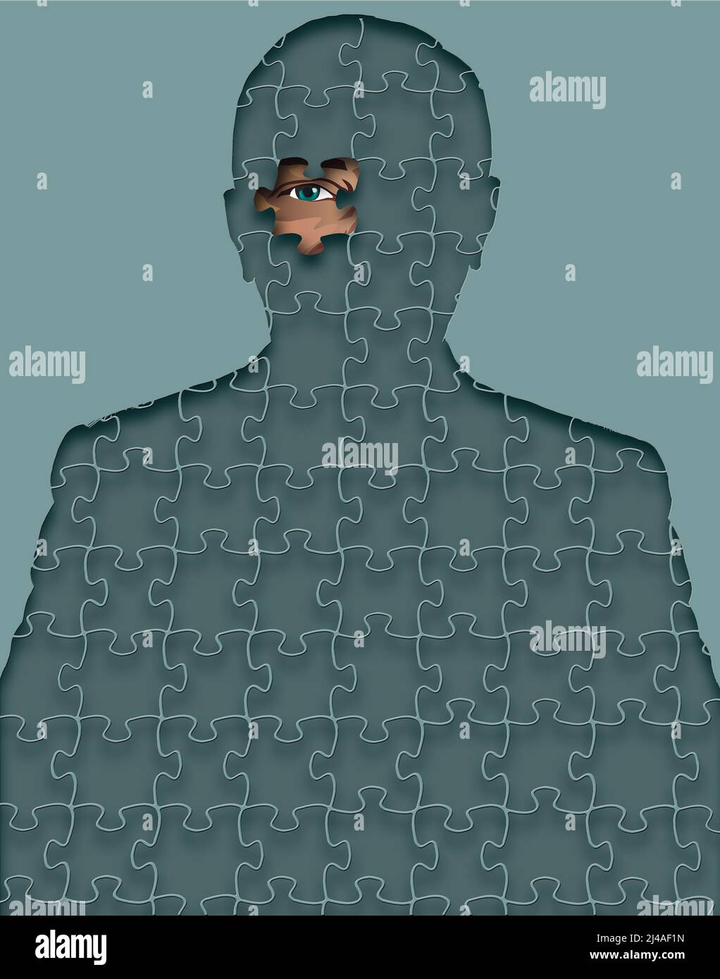 A human man is made in a jigsaw puzzle with a man’s eye peering in the ...